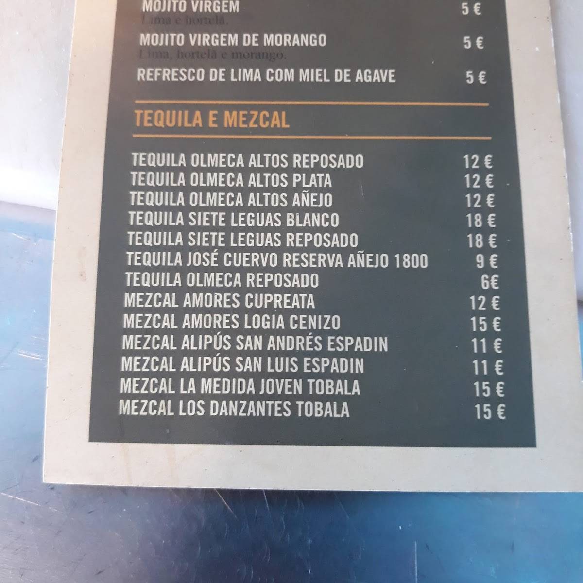 Menu at Barra Cascabel, Lisbon