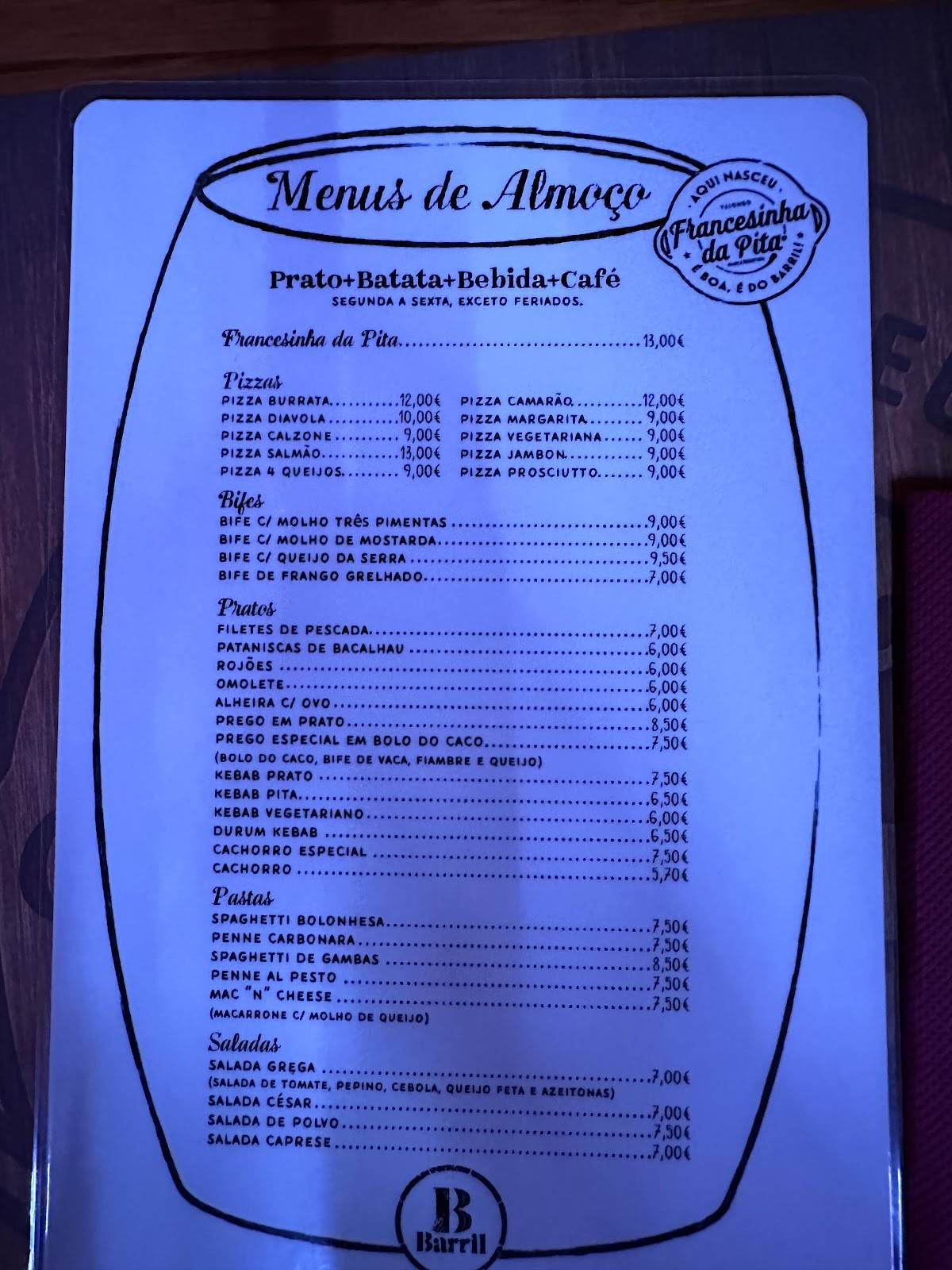 Menu em Barril Avenida (francesinha da Pita), Valongo, Av. 5 de Outubro 43