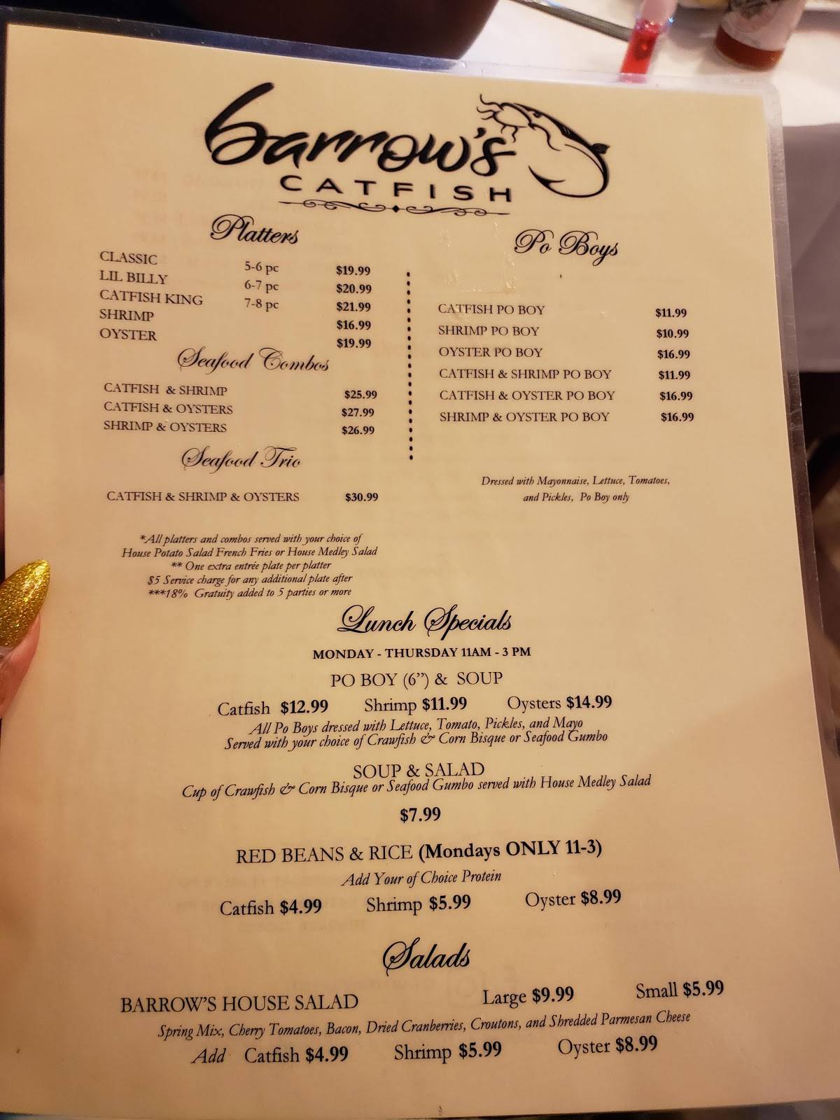 Menu at Barrow’s Catfish - Earhart, New Orleans
