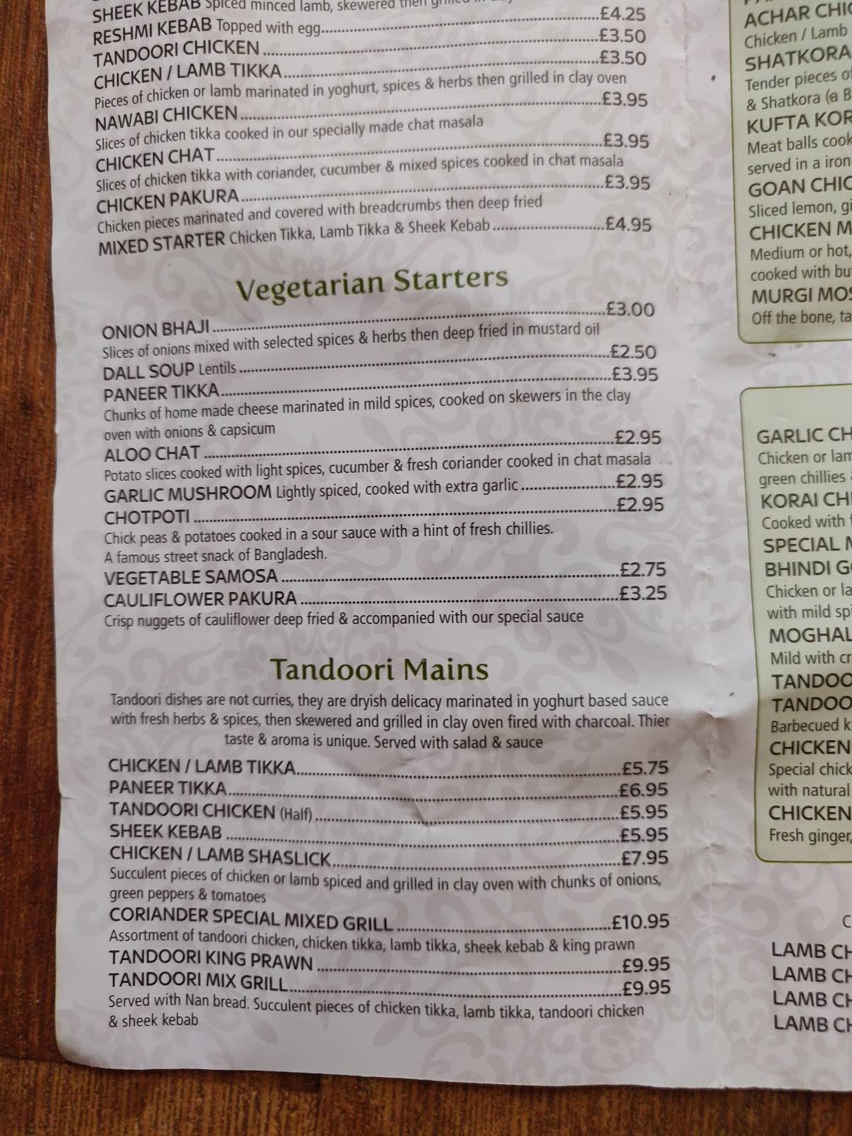 Menu at The Coriander restaurant, Basildon, 436 Whitmore Way