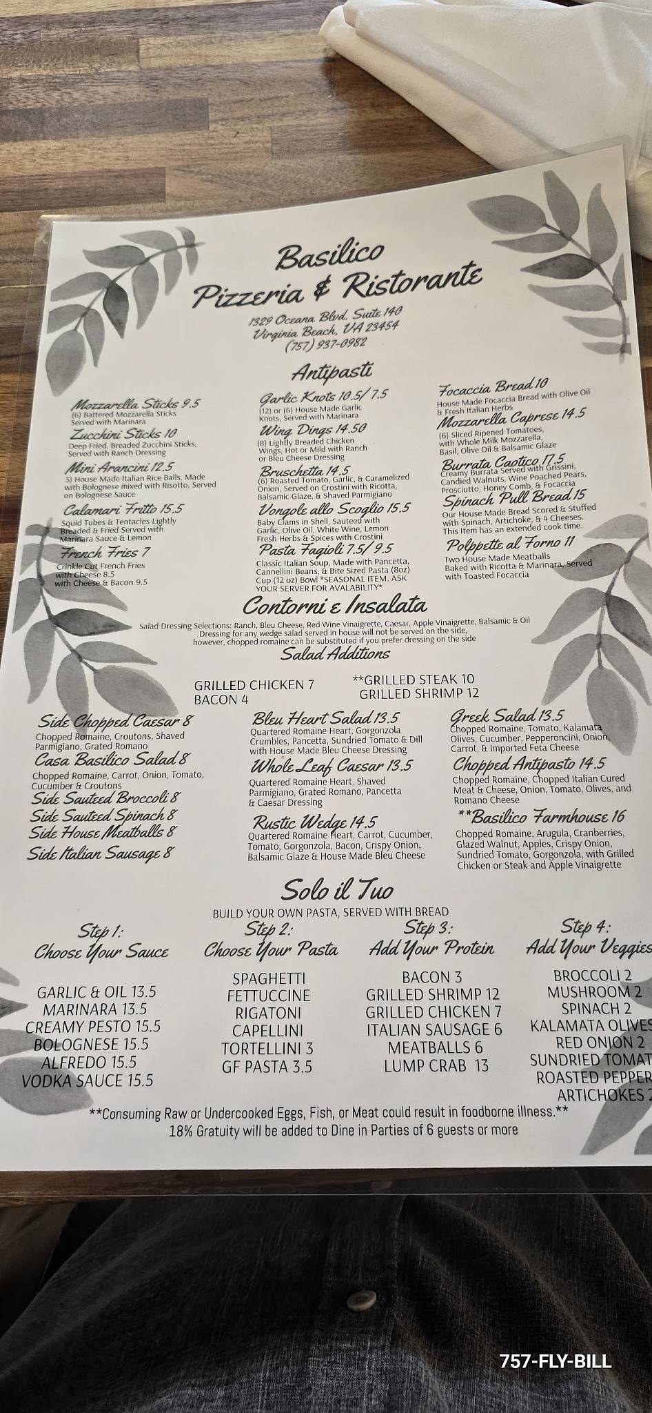 Menu at Basilico Pizzeria & Ristorante, Virginia Beach