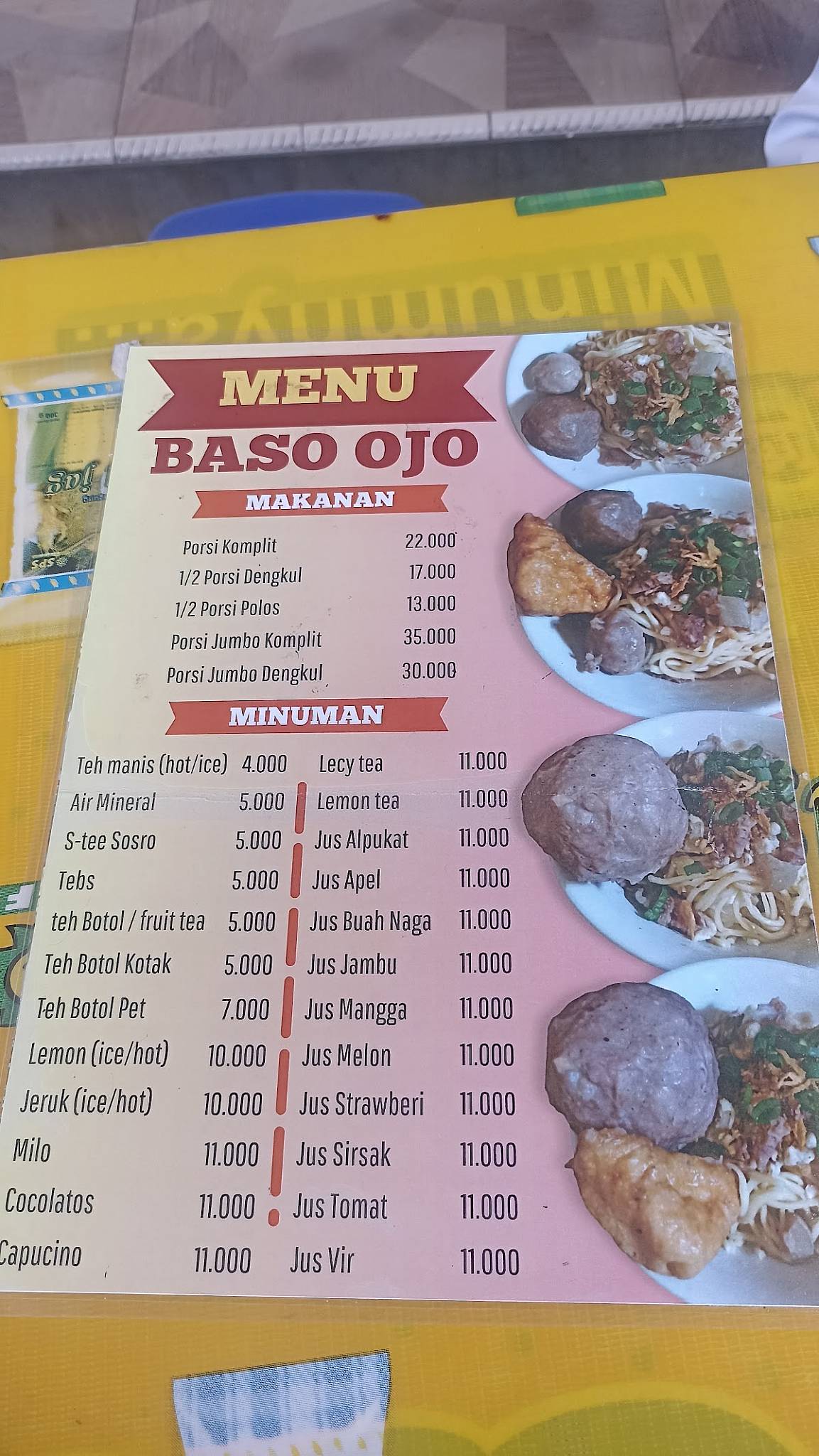 Menu at Baso M. Ojo restaurant, Tasikmalaya