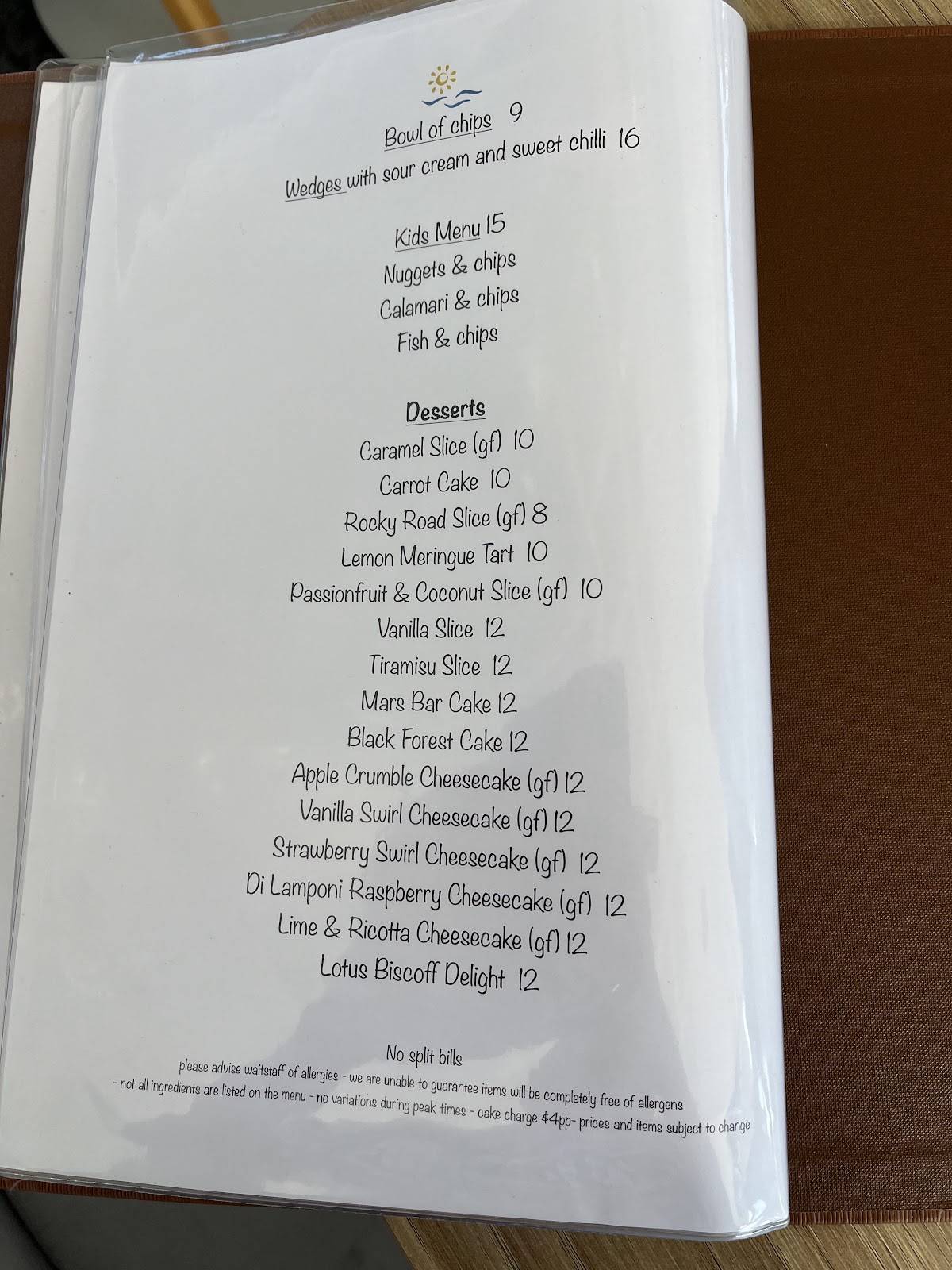 Menu at Bass & Flinders Pavilion restaurant, Sans Souci