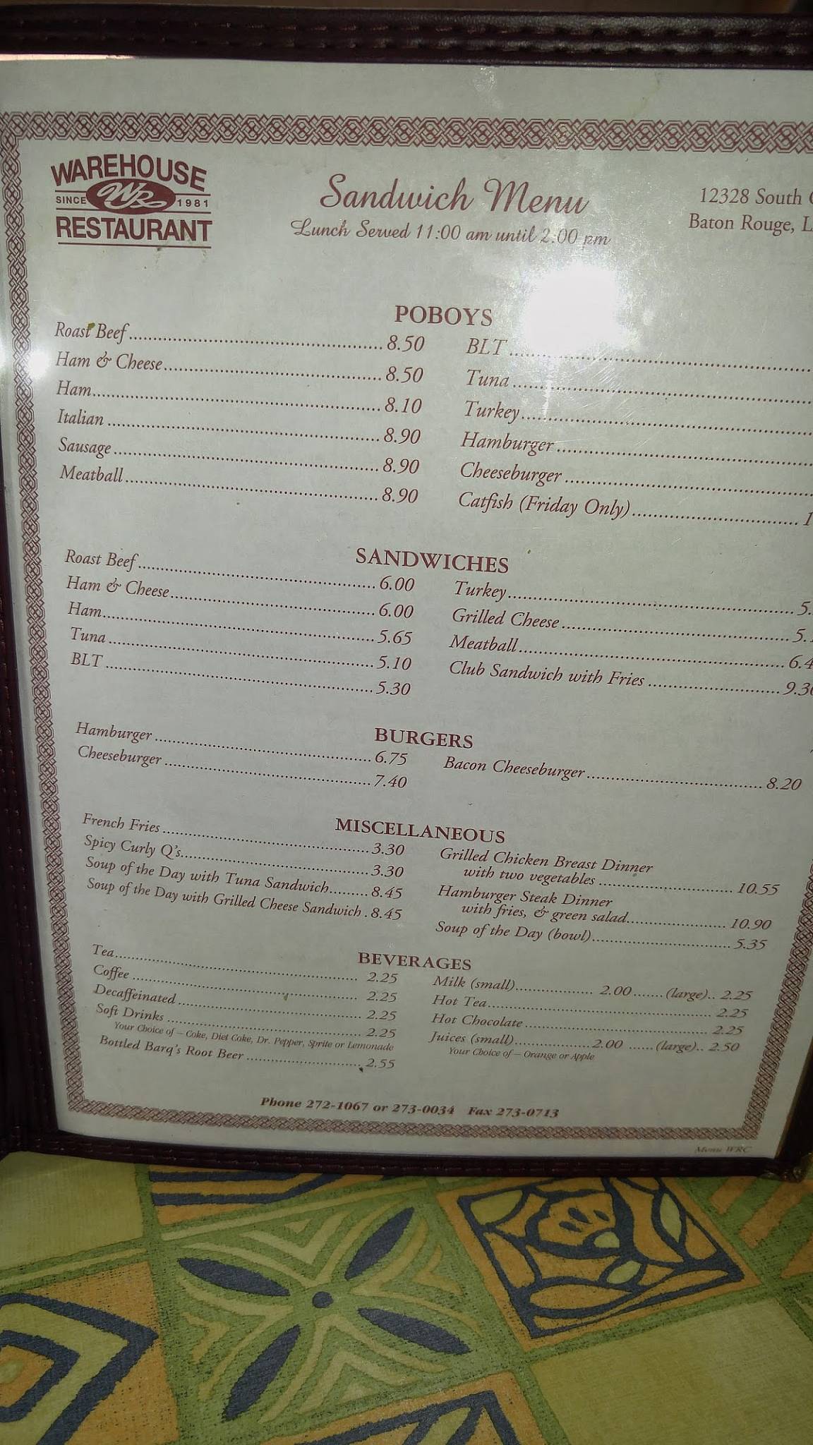 Menu at Warehouse Restaurant, Baton Rouge