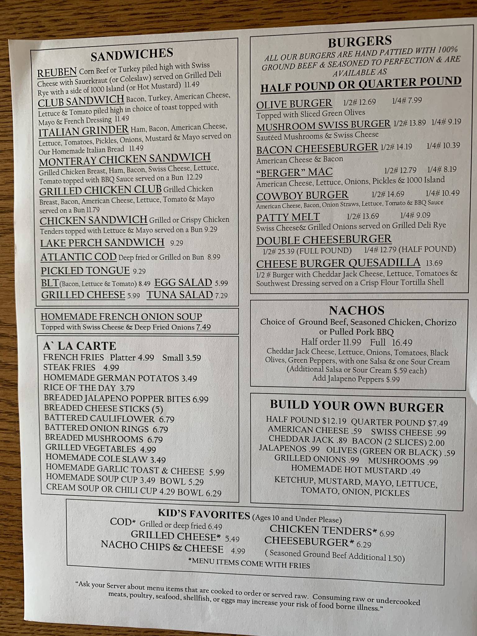 Menu at Berger's Family Restaurant, Bay City