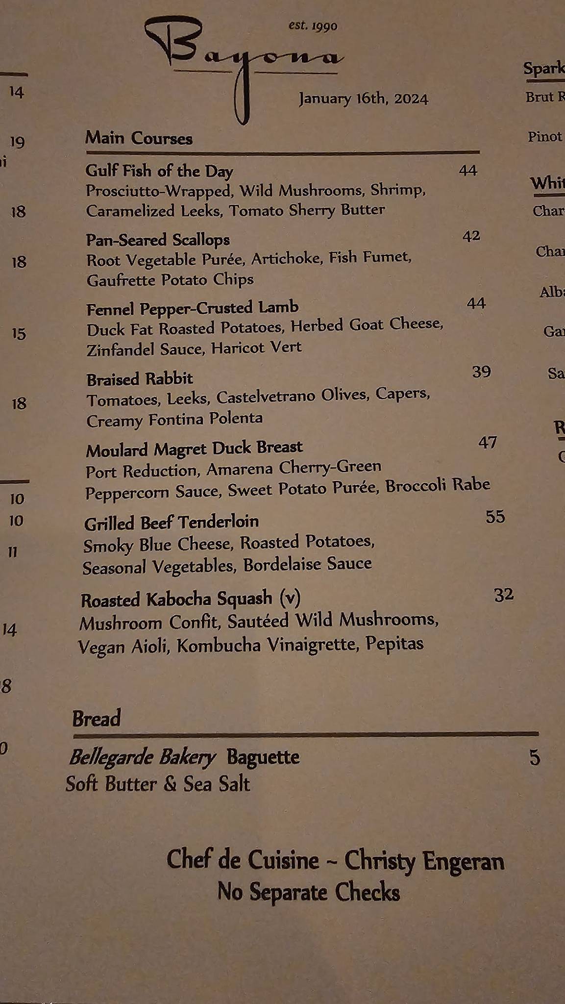 Menu at Bayona pub & bar, New Orleans