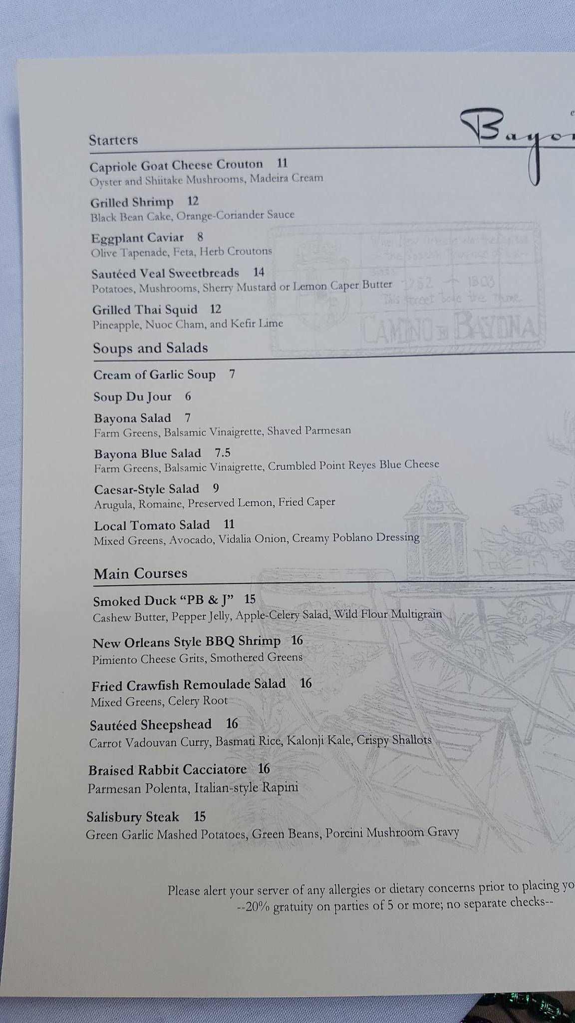 Menu at Bayona pub & bar, New Orleans