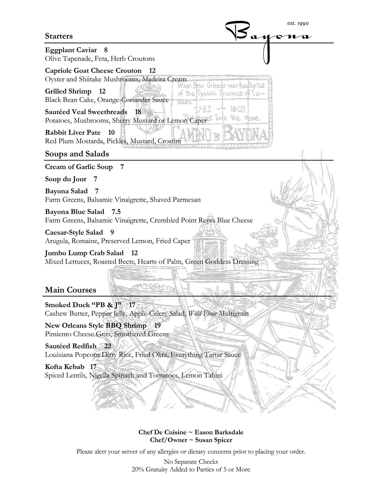 Menu at Bayona pub & bar, New Orleans