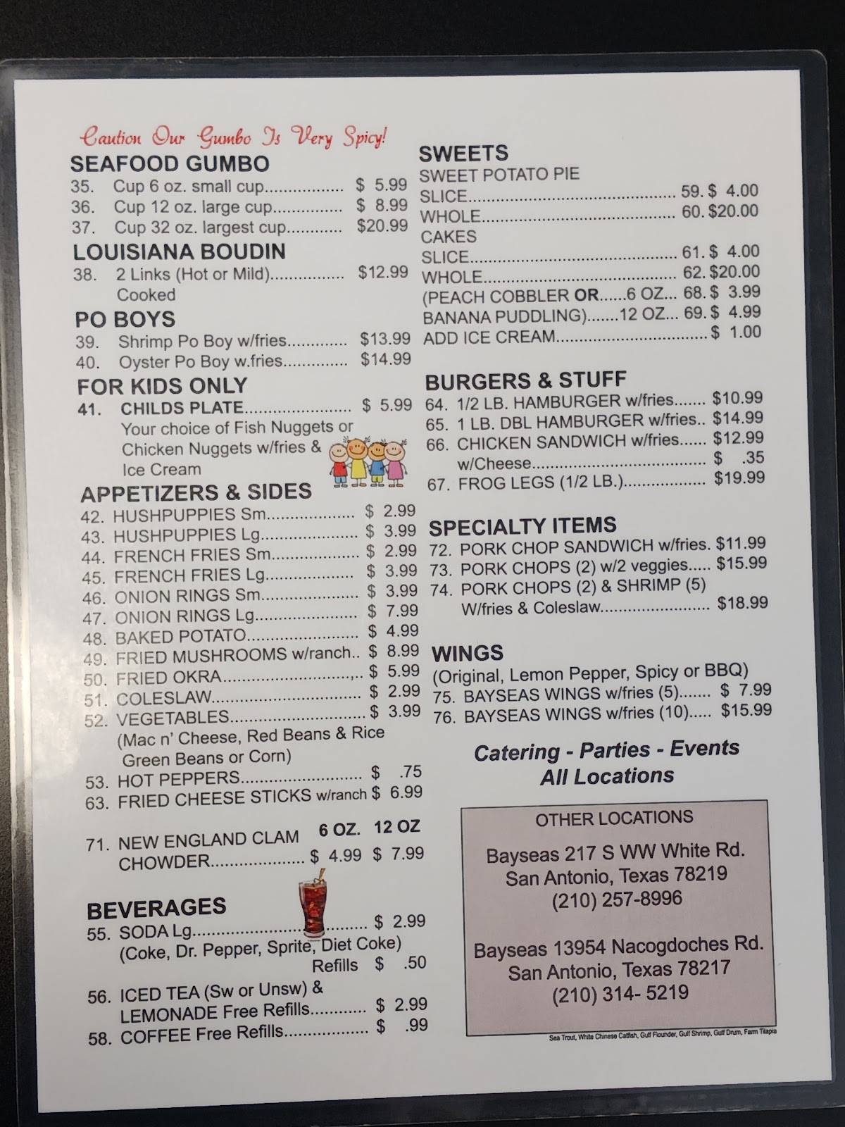 Menu at Bayseas Restaurant, Universal City, Pat Booker Rd