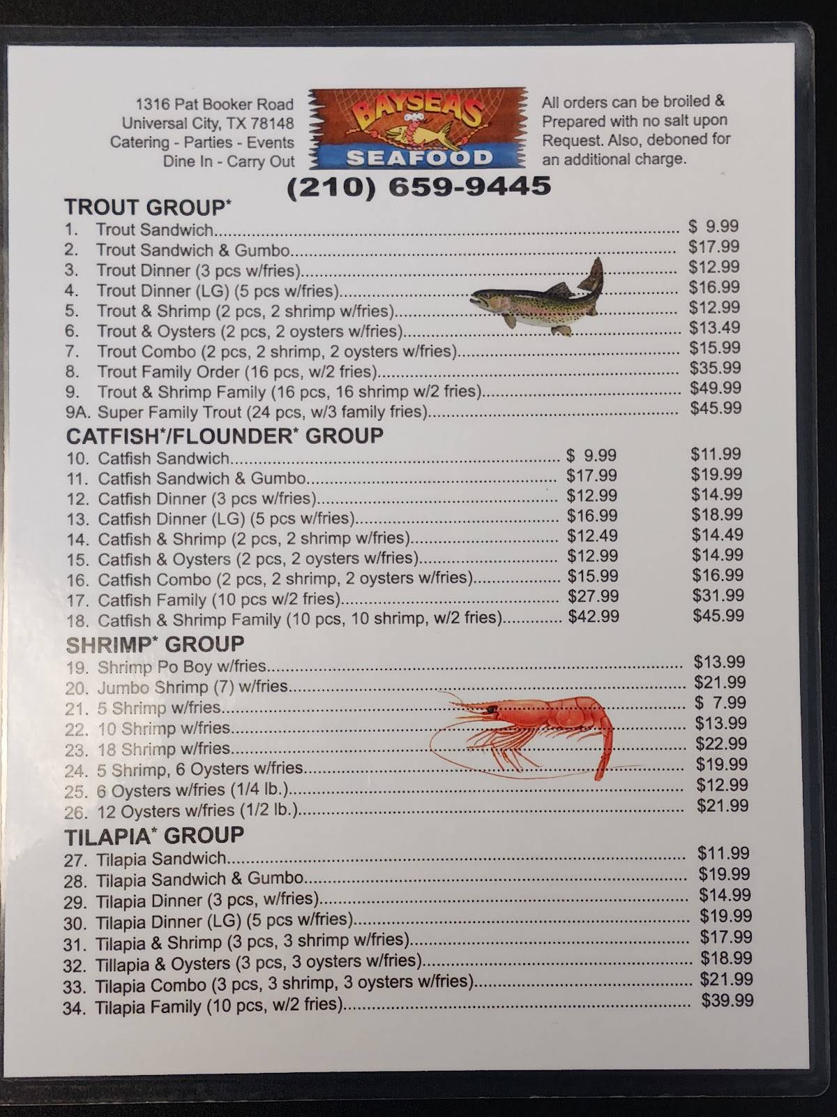 Menu at Bayseas Restaurant, Universal City, Pat Booker Rd