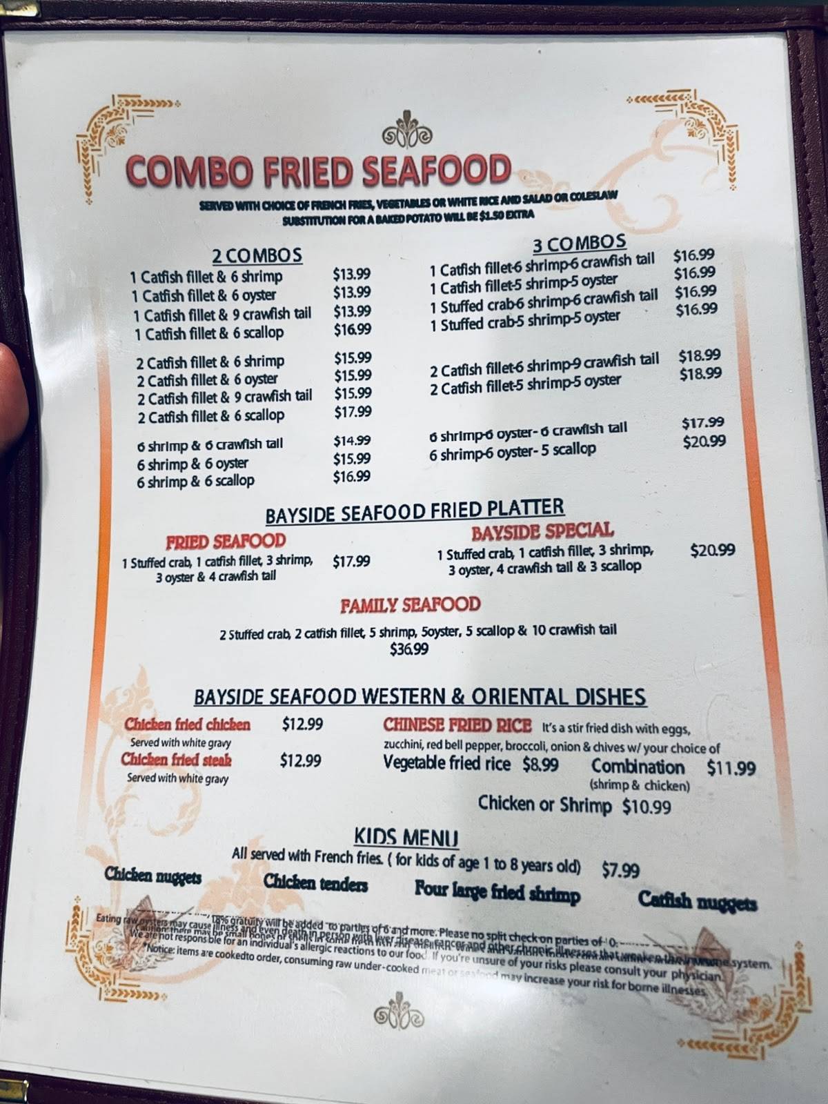 Menu at Bayside Seafood restaurant, Port Lavaca