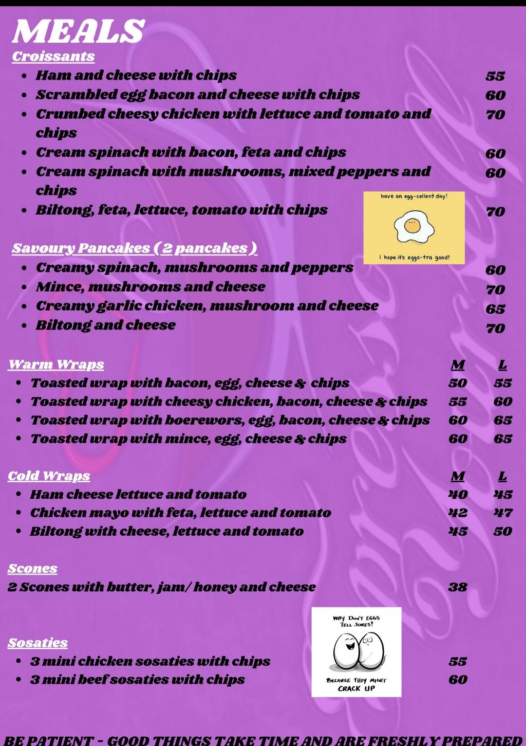Menu at Be Blessed, Klerksdorp