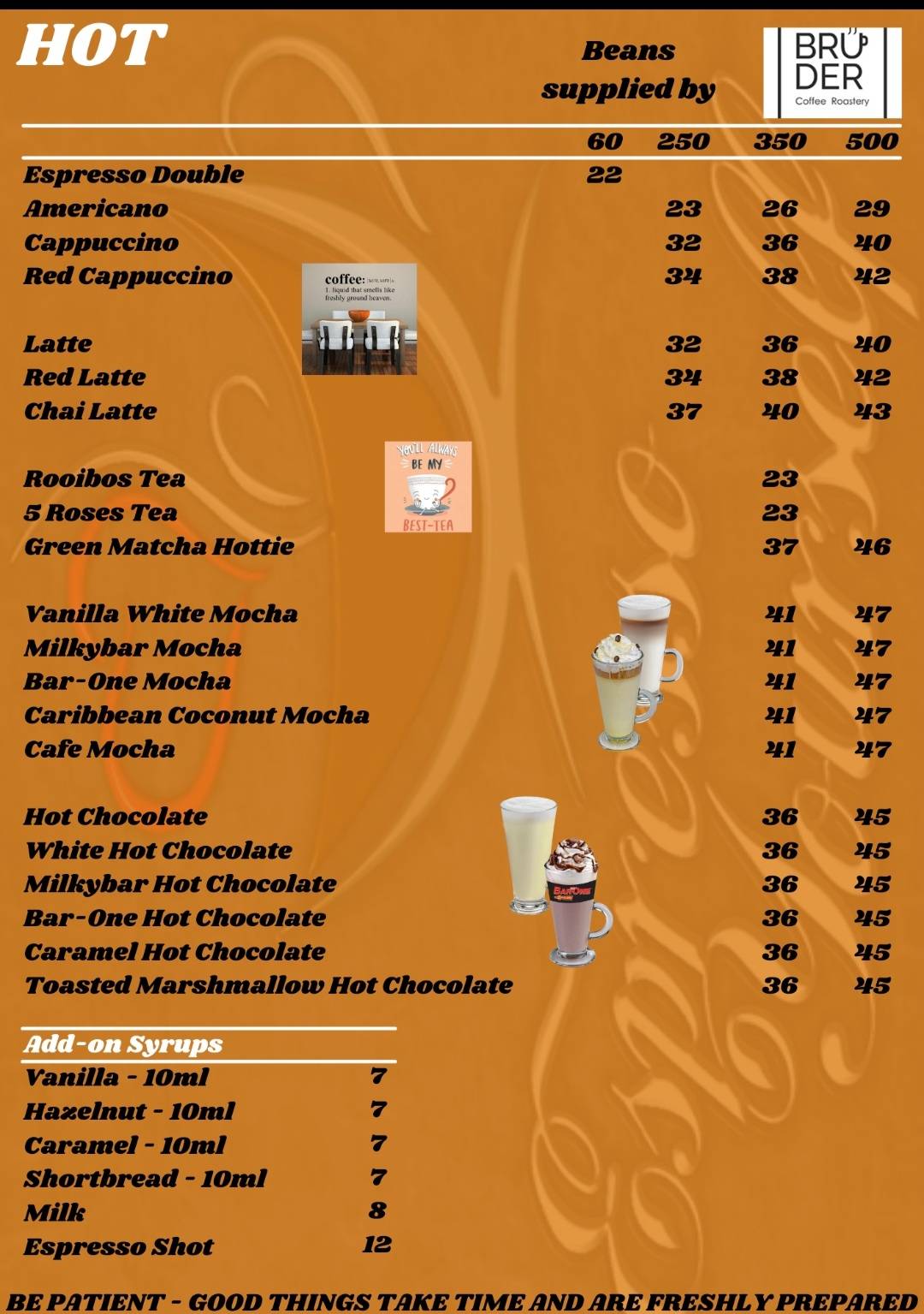 Menu at Be Blessed, Klerksdorp