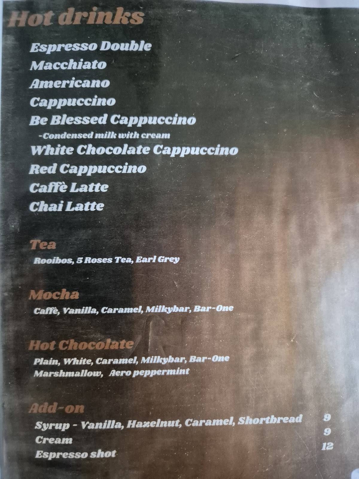 Menu at Be Blessed, Klerksdorp