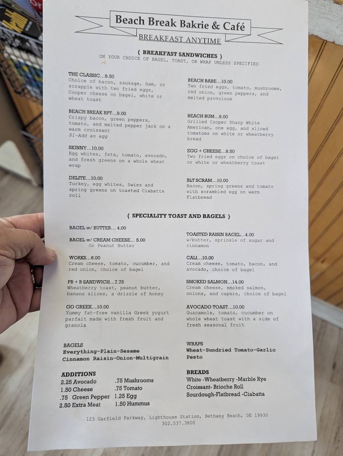 Menu at Beach Break & Bakrie cafe, Bethany Beach