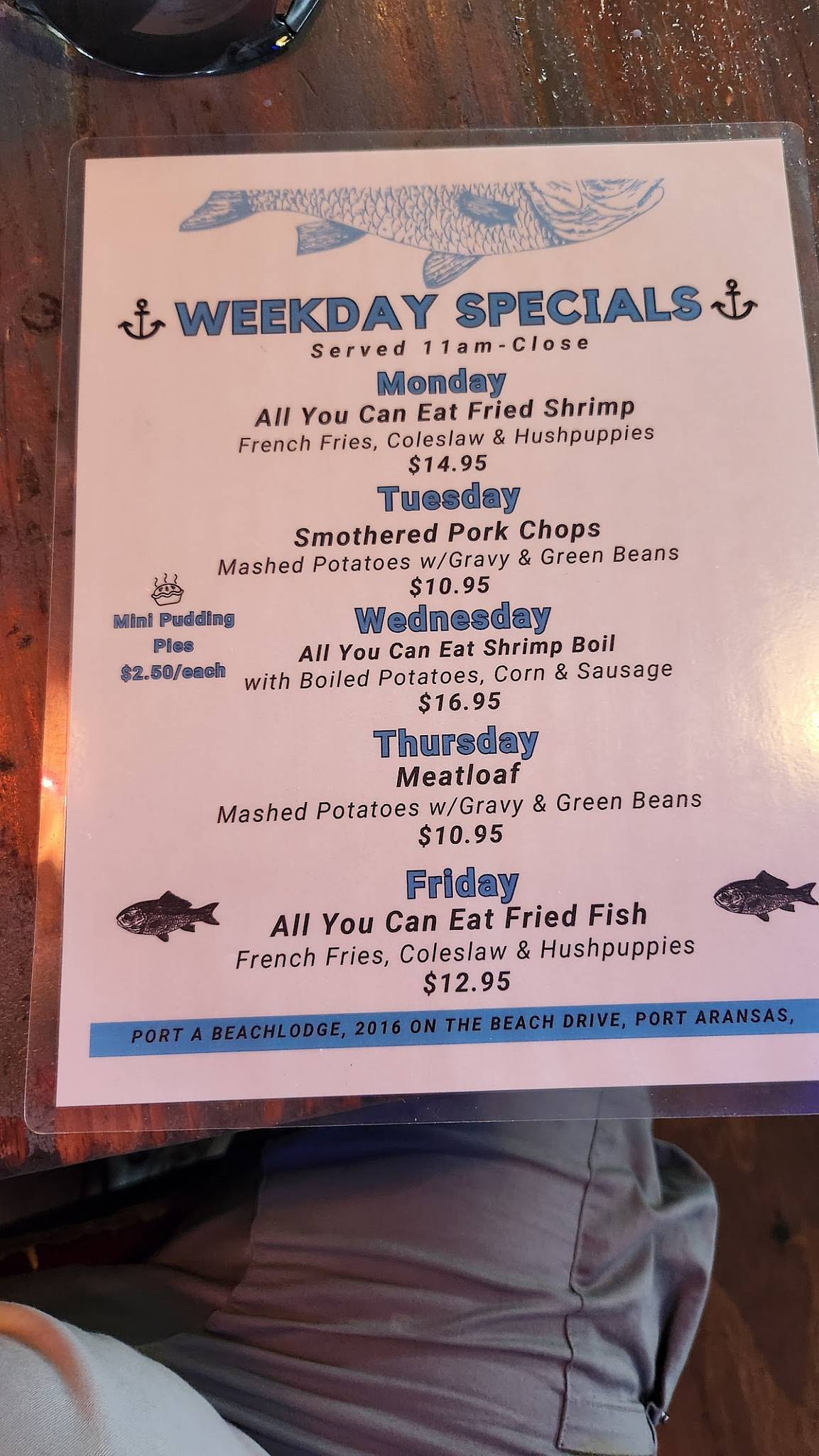 Menu at Port A Beachlodge Restaurant, Port Aransas