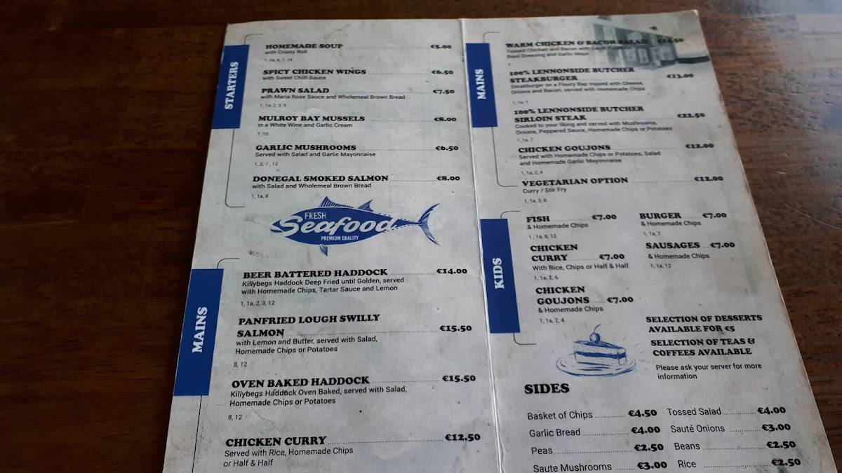 Menu at Beachcomber Bar, Rathmullan