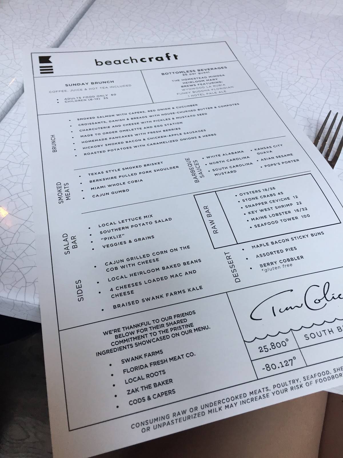 Menu at Beachcraft restaurant, Miami Beach, Collins Ave