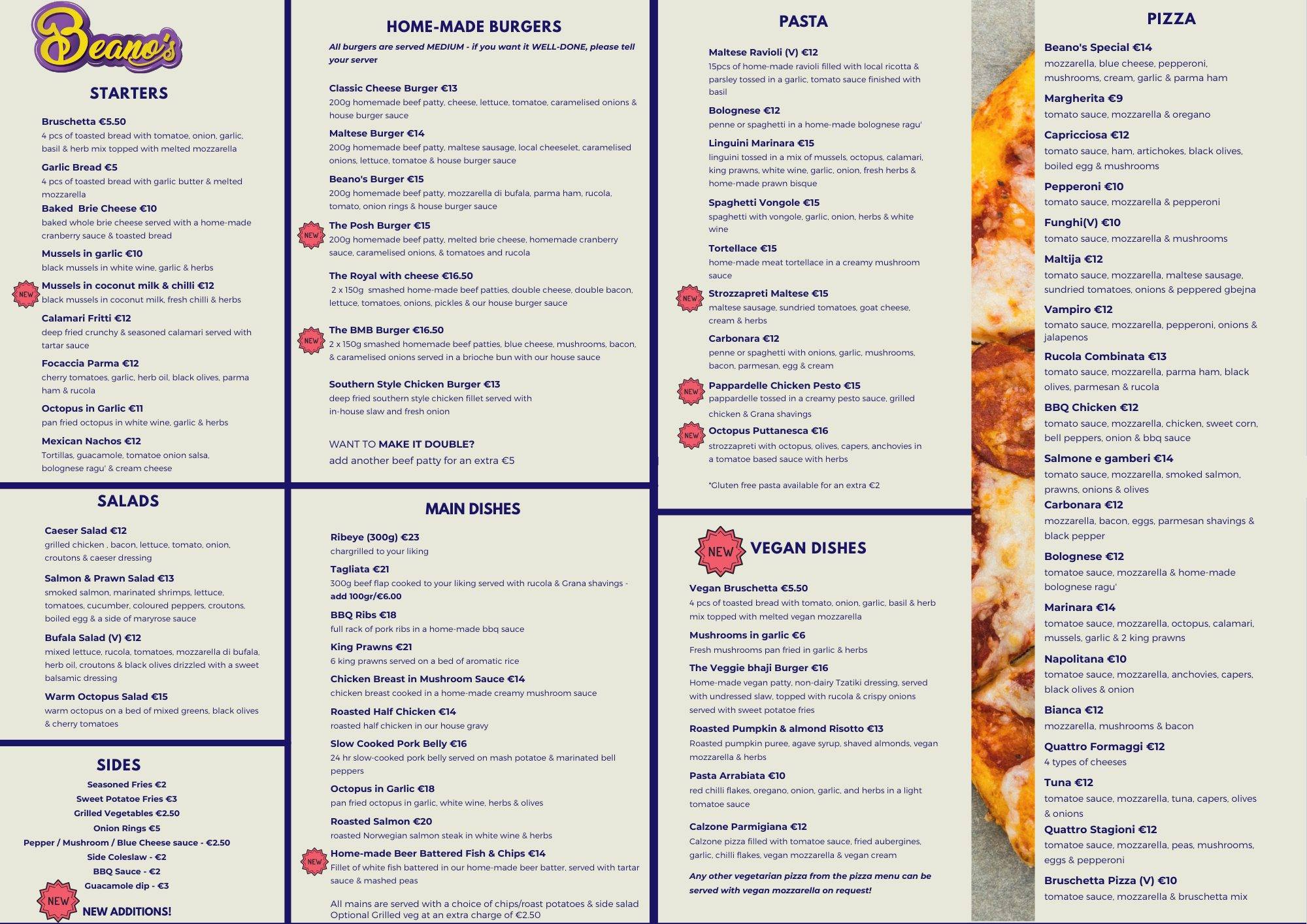 Menu at Beano's restaurant, Marsaskala