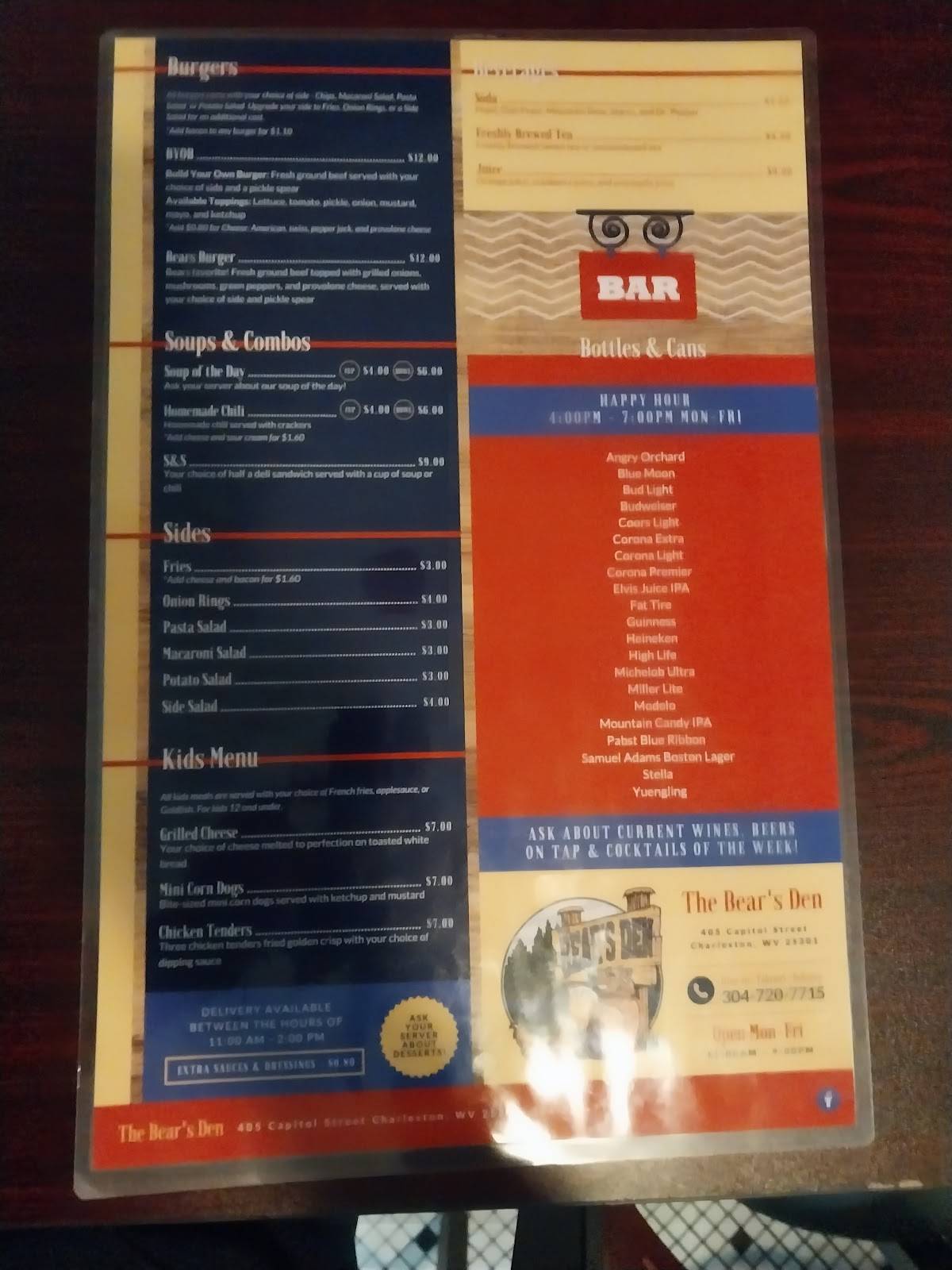 Menu at Bear's Den pub & bar, Charleston