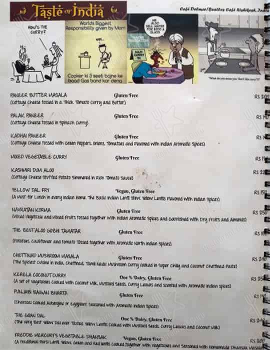 Menu at Beatles Cafe Rishikesh, Rishikesh, Paidal Marg, Tapovan Sarai ...