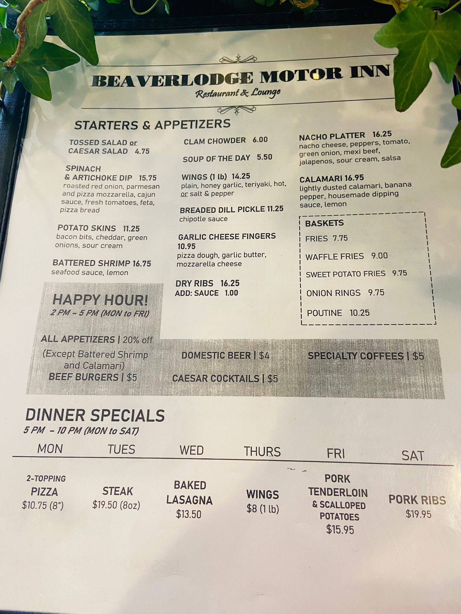 Menu at Beaverlodge Motor Inn restaurant, Beaverlodge, 116 6a St