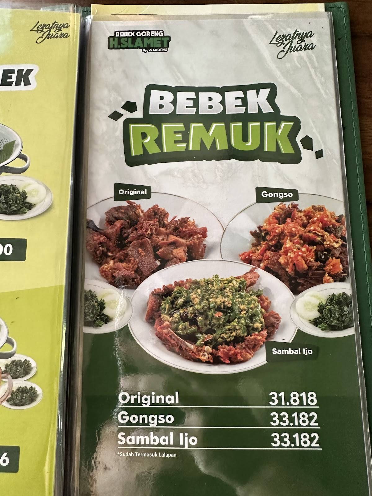Menu at Bebek Goreng H. Slamet restaurant, Sendangadi, Jl. Ring Road Utara