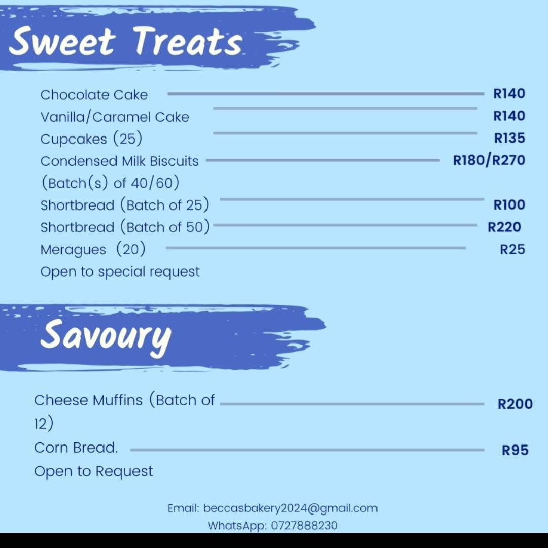 Menu at Becca's Bakery, Durban