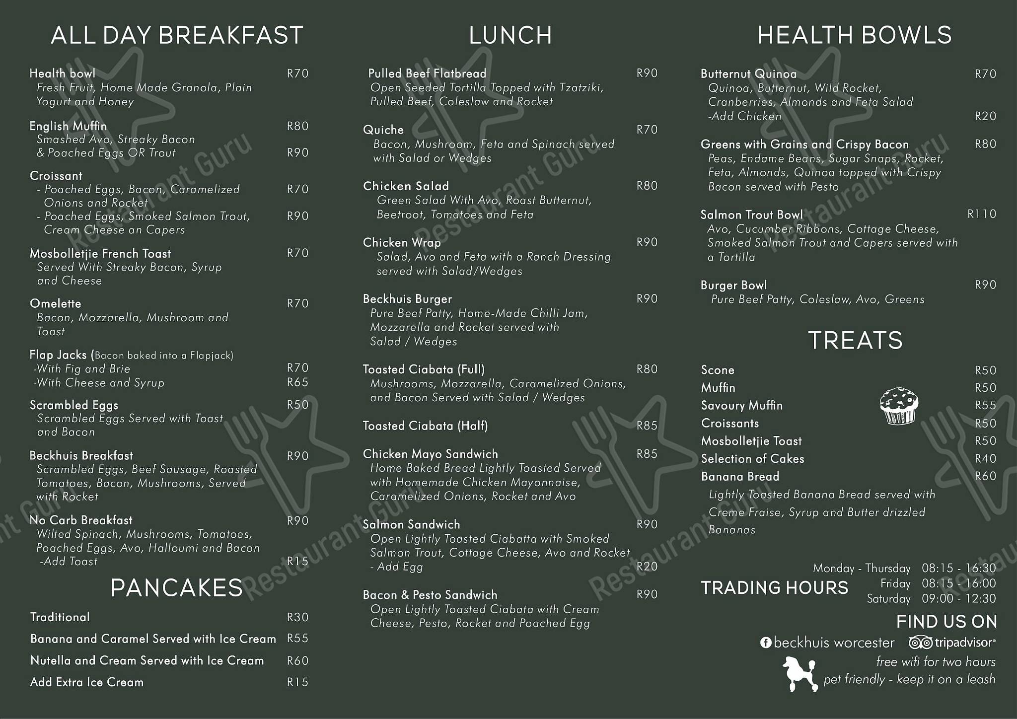 Menu at Beckhuis Cafe, Worcester