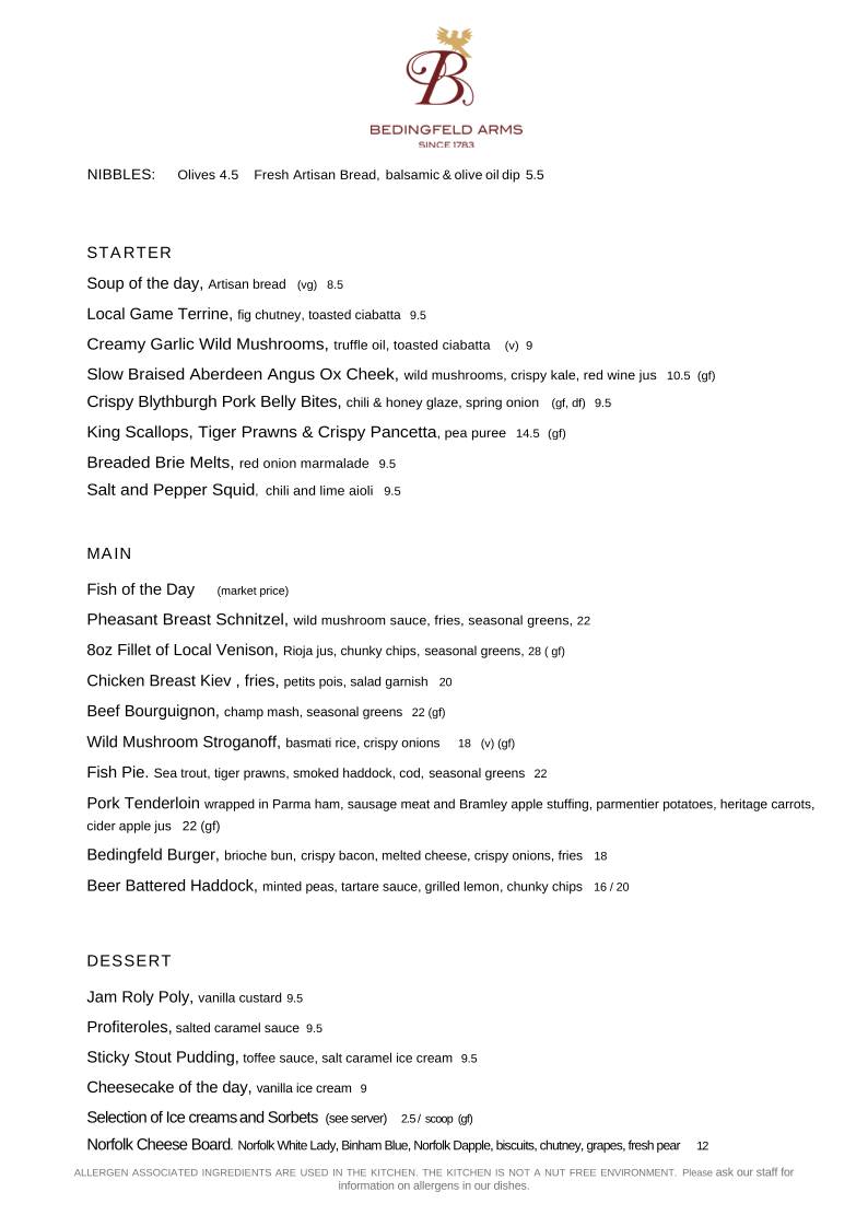 Menu at Bedingfeld Arms pub & bar, Oxborough