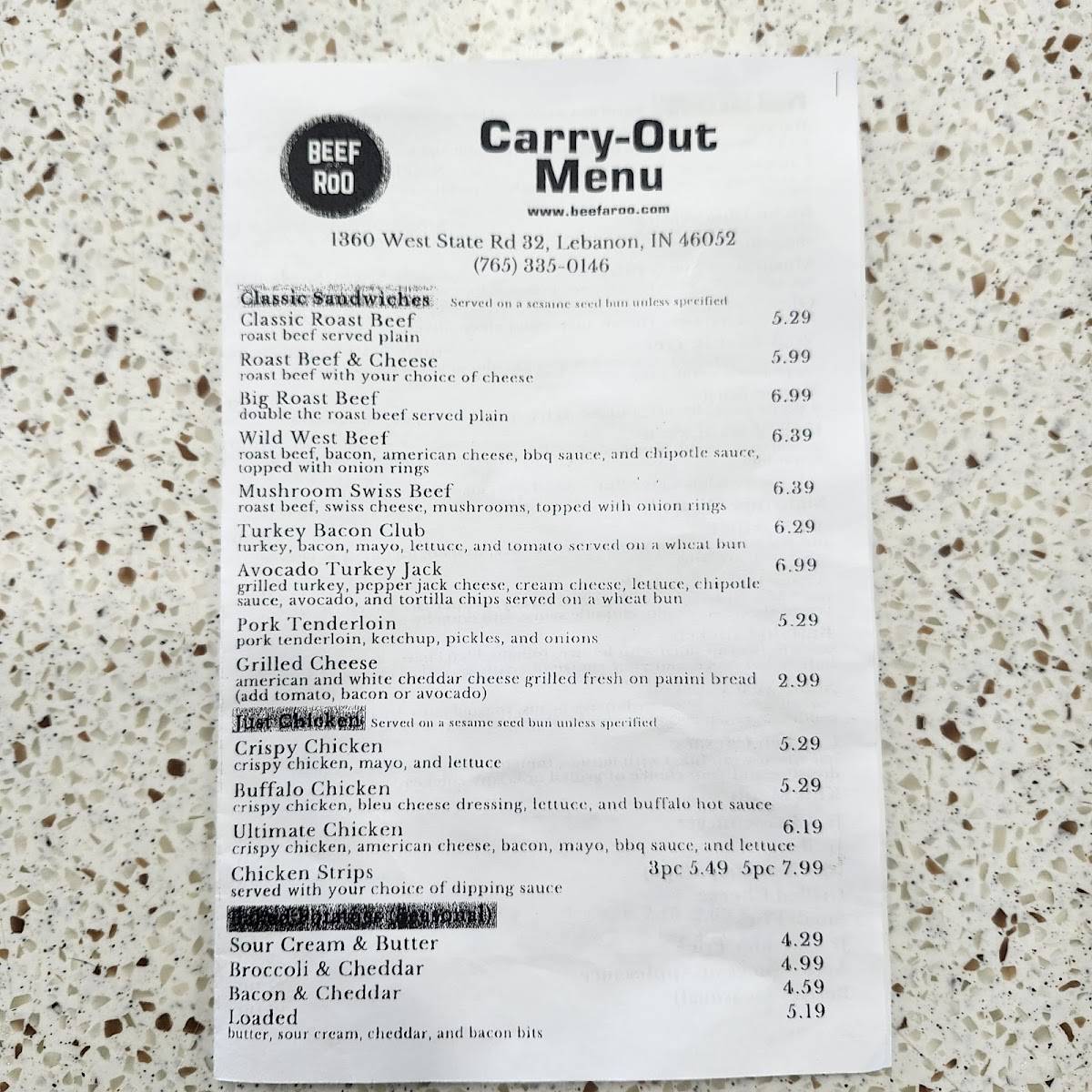 Menu at Beef-A-Roo restaurant, Lebanon