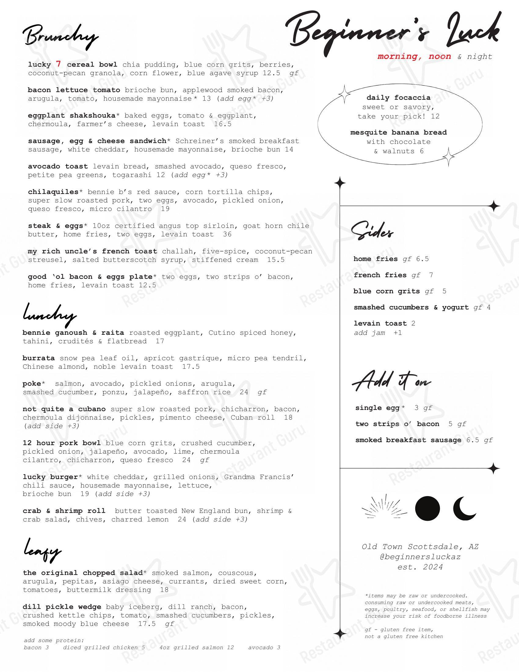 Menu at Beginner's Luck restaurant, Scottsdale