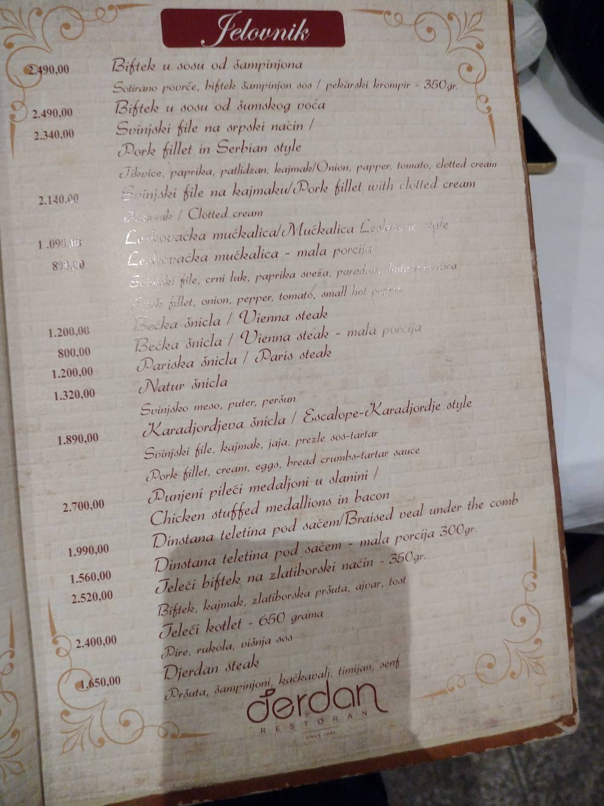 Menu at Restaurant Djerdan, Belgrade