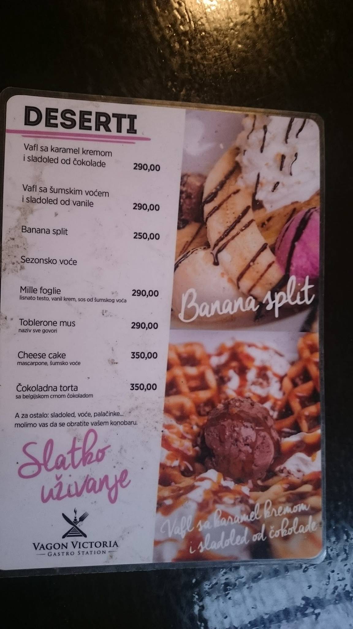 Menu at Wagon Victoria restaurant, Belgrade