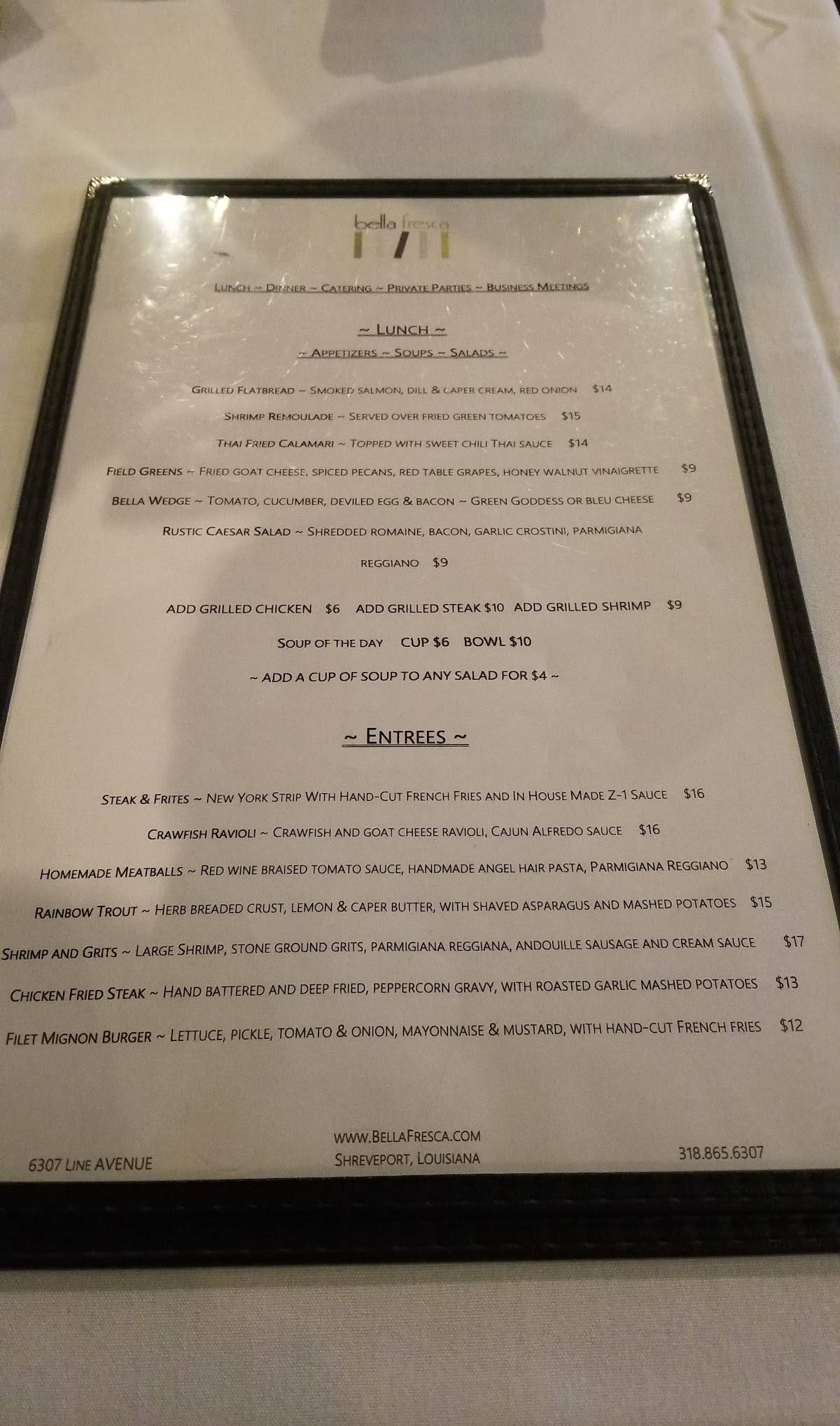 Menu at Bella Fresca restaurant, Shreveport, Line Ave