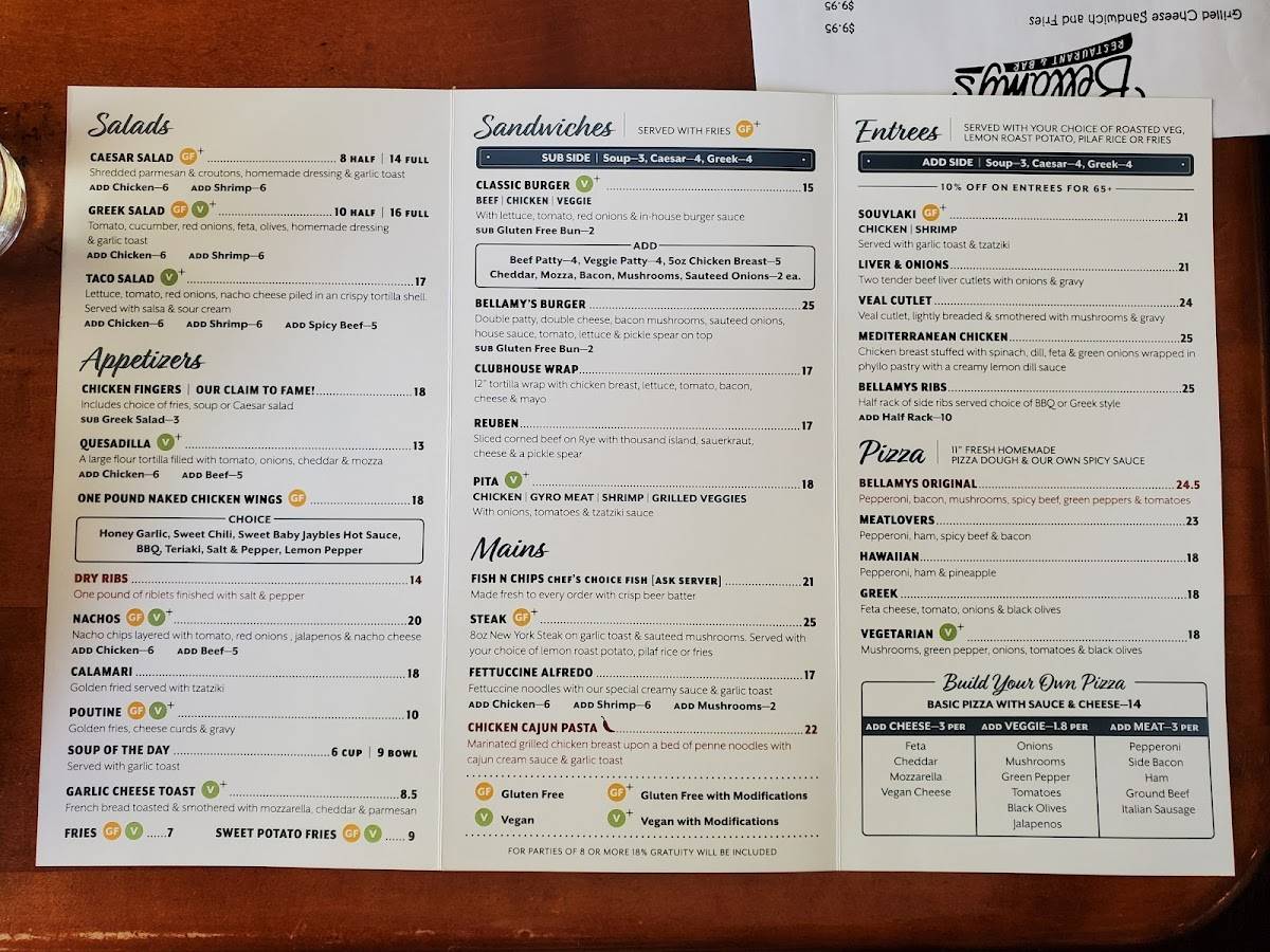 Menu at Bellamy's Restaurant & Bar, Winnipeg