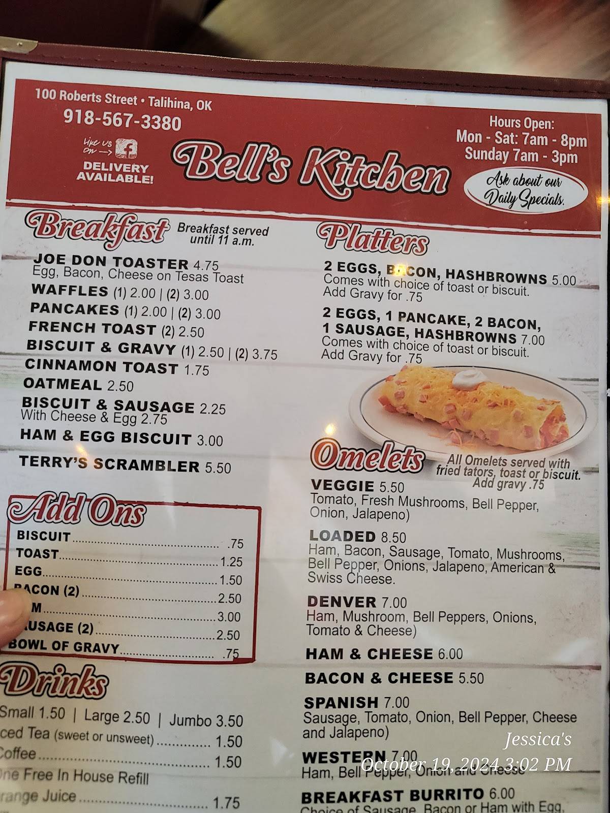 Menu at Bell's Kitchen cafe, Talihina, 100 Roberts St