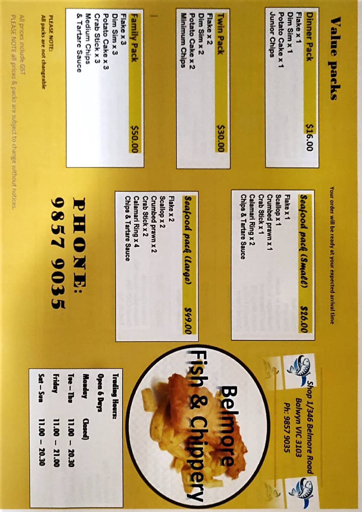 Menu at Belmore Fish and Chippery fast food, Balwyn