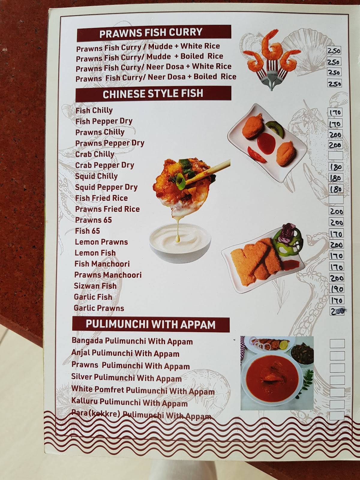 Menu at Rexon fish boat, Bengaluru