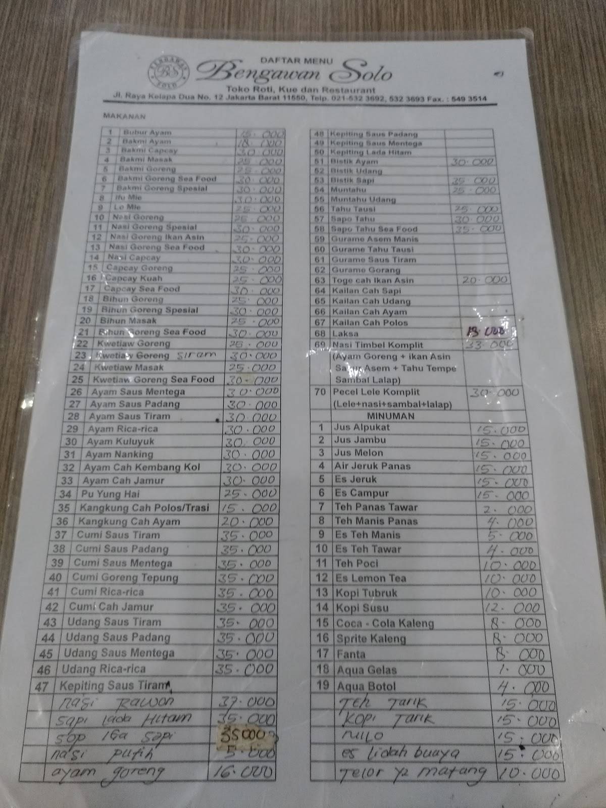 Menu at Bengawan solo cafe, West Jakarta, Jl. Raya Klp. Dua No.11a 2