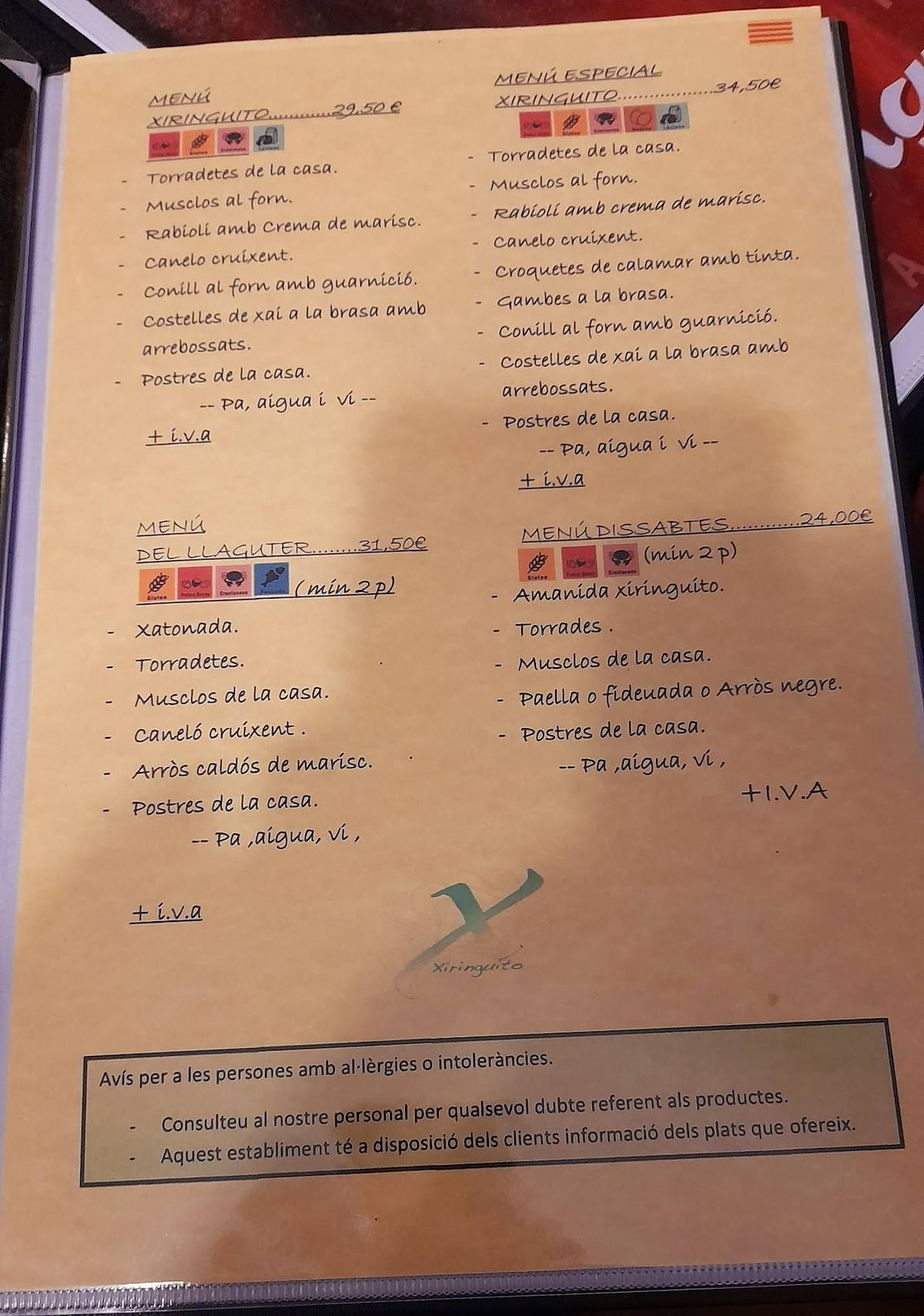 Carta de Restaurant Xiringuito, Benifallet