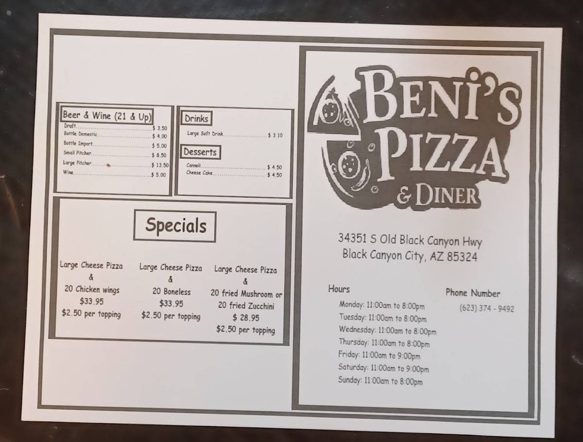 Menu at Beni's Pizza pizzeria, Black Canyon City, Old Black Canyon Hwy