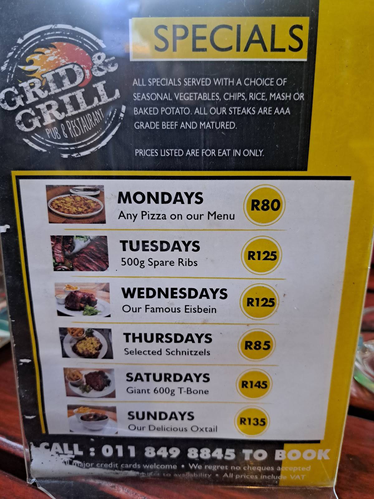 Menu at Grid & Grill restaurant, Benoni