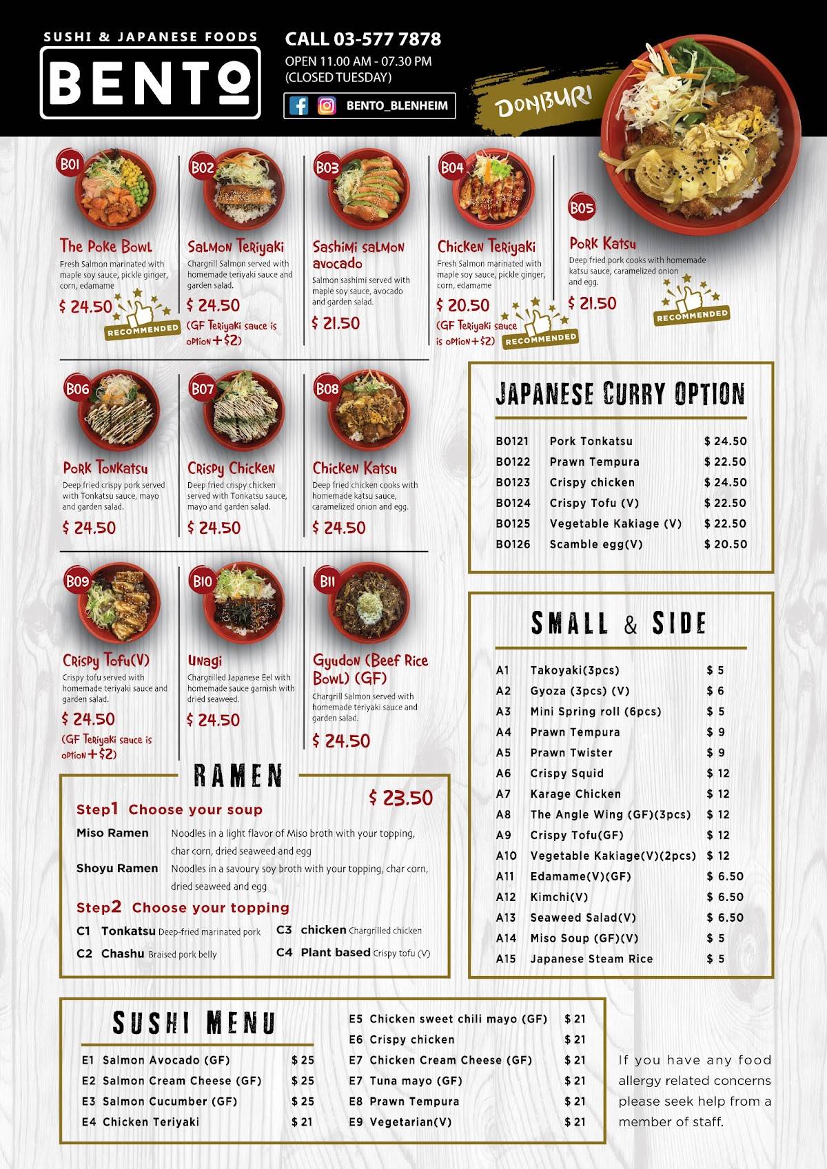 Menu at Bento Sushi and Japanese foods restaurant, Blenheim
