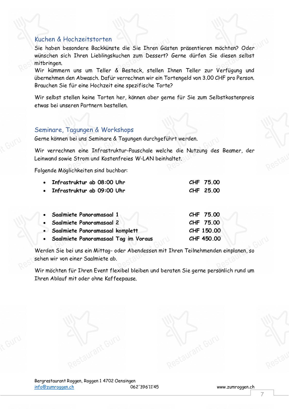 Speisekarte von Bergrestaurant Roggen, Oensingen