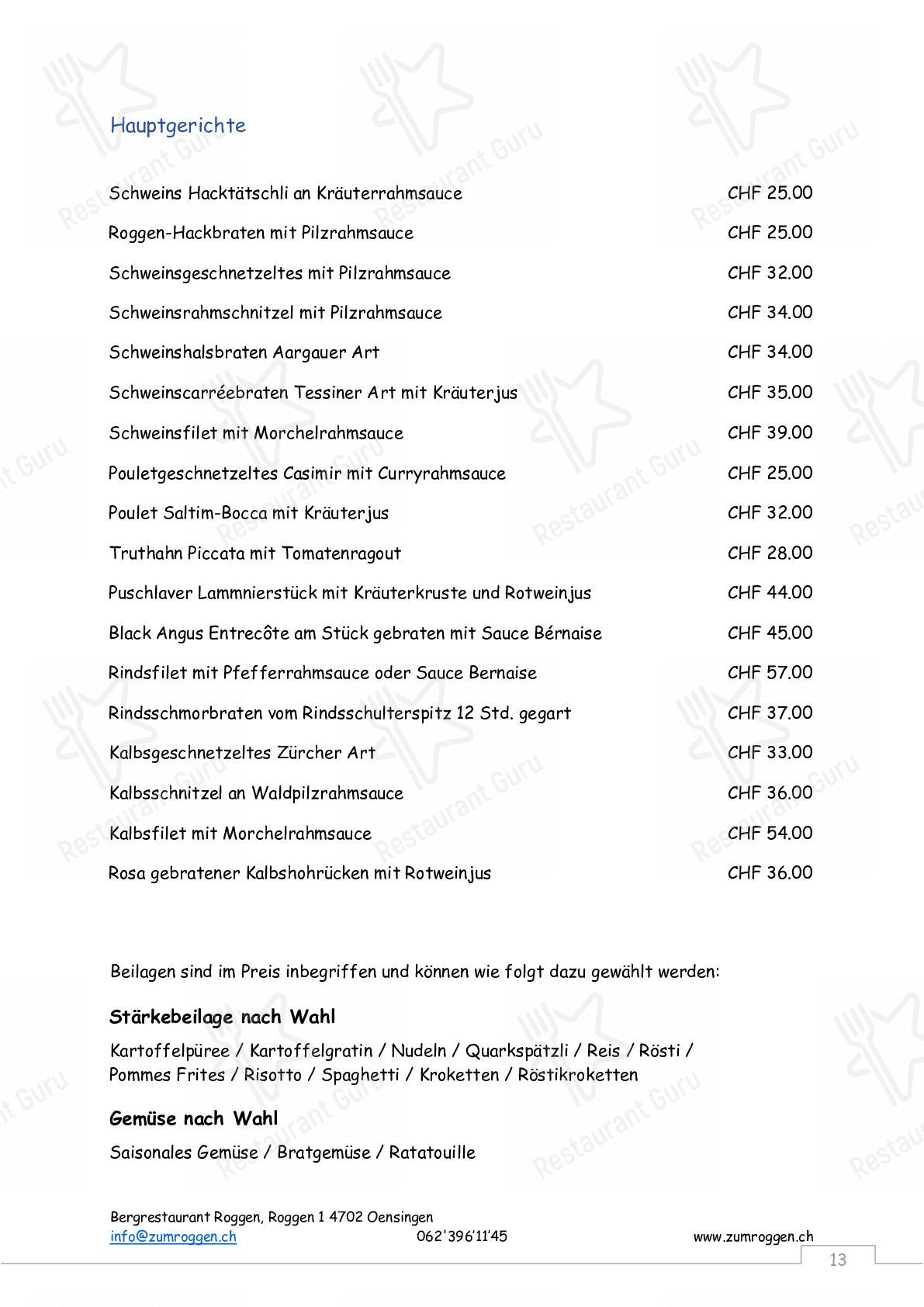 Speisekarte von Bergrestaurant Roggen, Oensingen