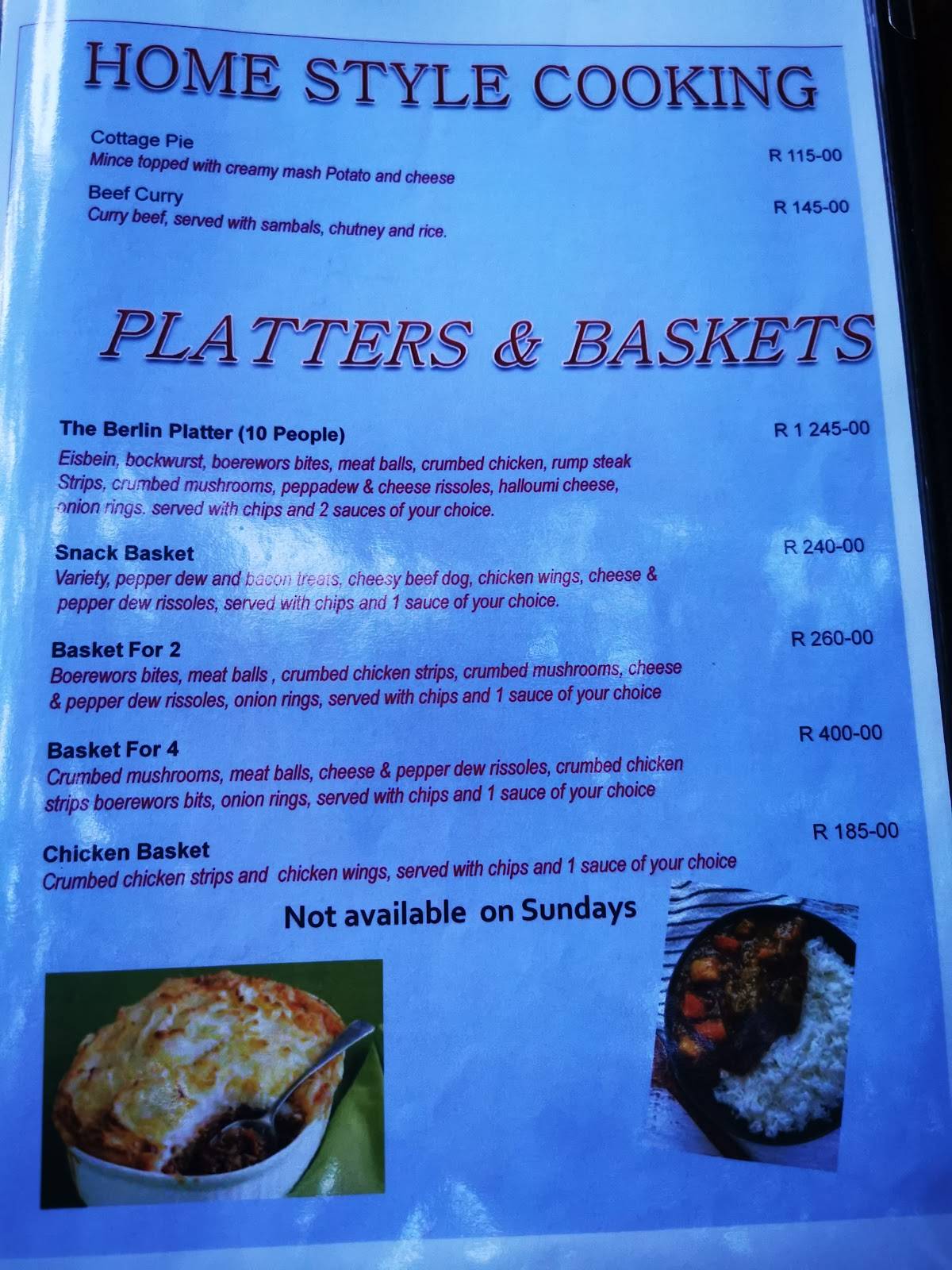 Menu at Berlin Pub, Krugersdorp, 40 Viljoen Rd