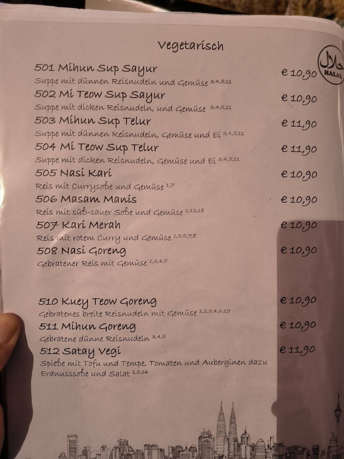 Menu at Seri Melayu restaurant, Berlin