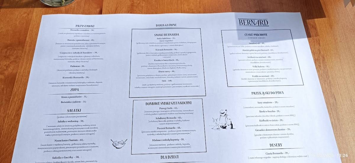 Menu at Bernard pub & bar, Wrocław