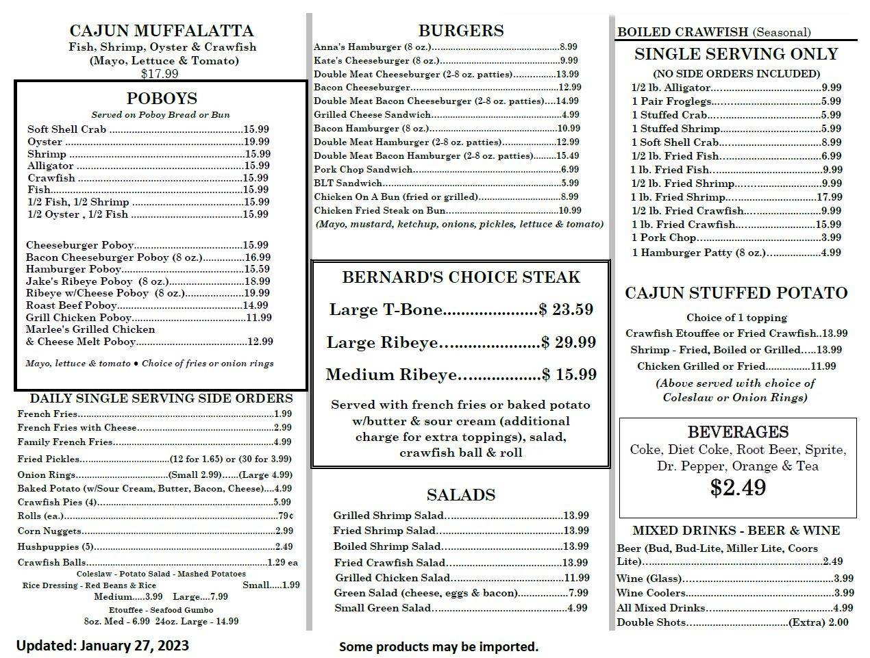 Menu at Bernard's Cajun Sea-Fry Restaurant, Cottonport